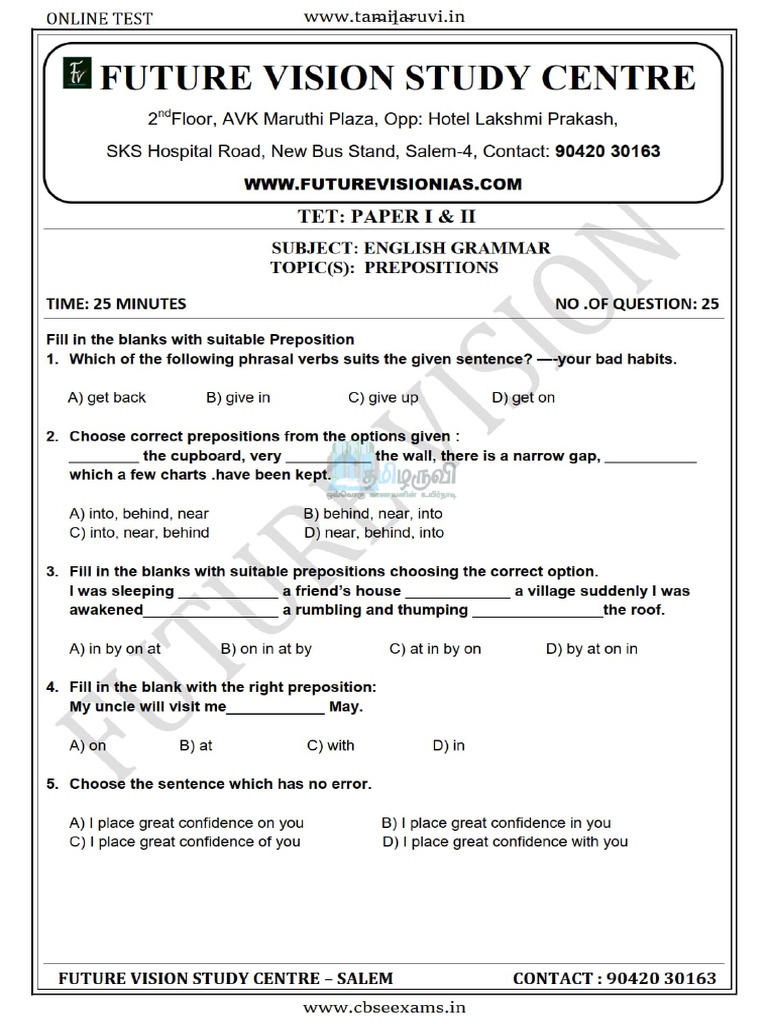 TNTET Paper 2 English Prepositions Sample Test Question Paper by Future ...