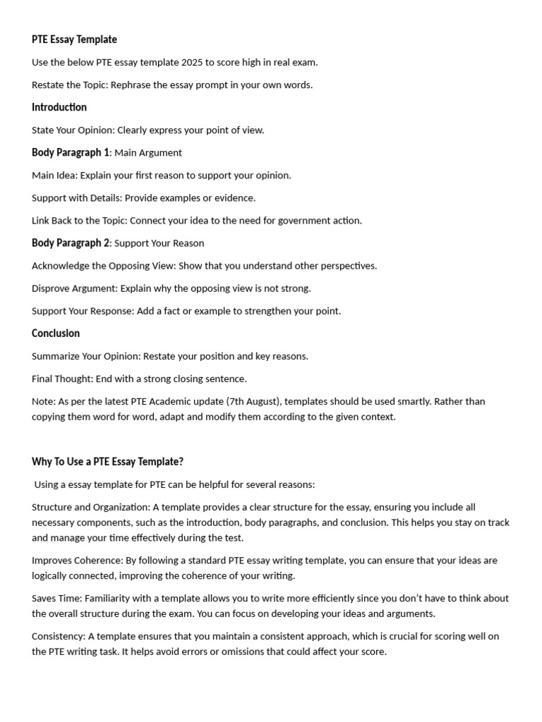 PTE Essay Writing Template 2025 | PDF
