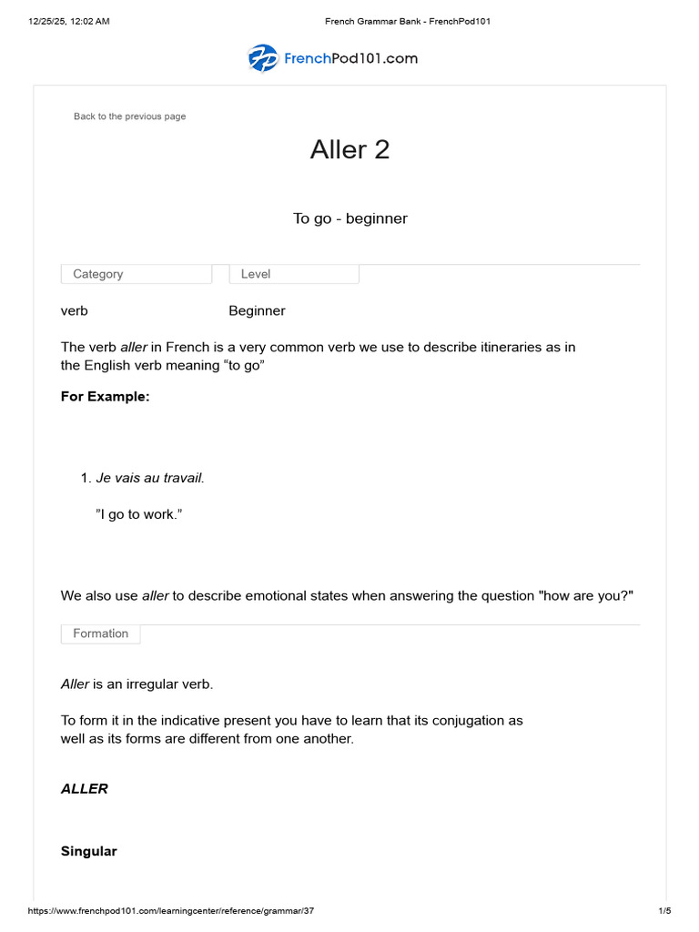 French Verb "Aller" Conjugation Guide | PDF | Language Mechanics ...
