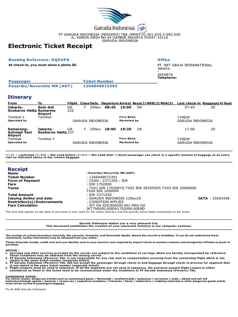 Garuda Ticket - DQEUPA (1266049672393) | PDF | Dangerous Goods