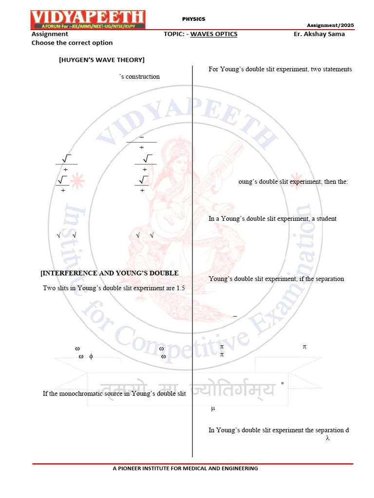 Assignment -Wave Optics | PDF | Coherence (Physics) | Wavelength