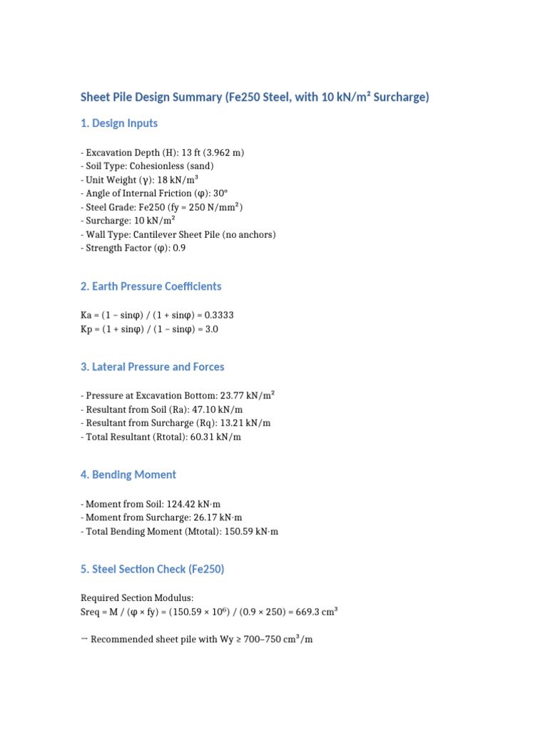 Sheet Pile Design Summary Fe250 10kN | PDF