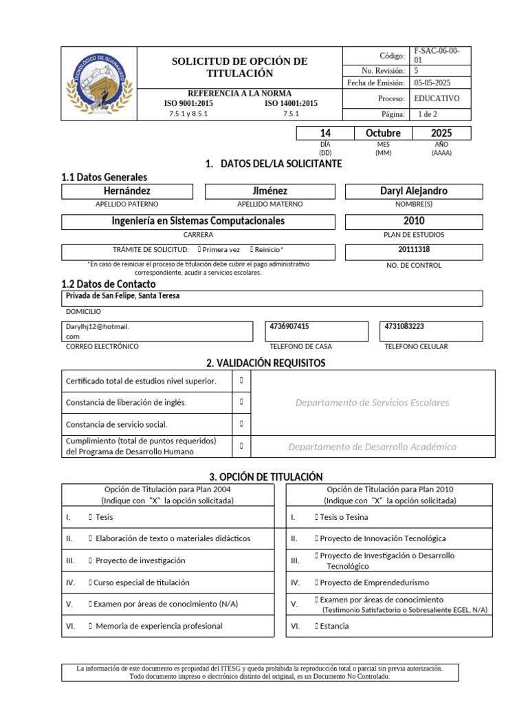 Solicitud de opción de Titulación - Daryl Hernández | PDF