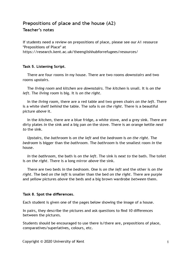 Prepositions of Place A2 Teachers Notes | PDF
