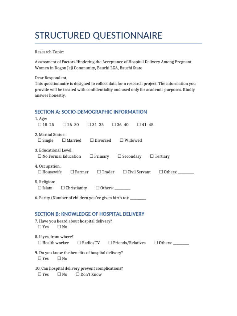 Structured Questionnaire Hospital Delivery | PDF