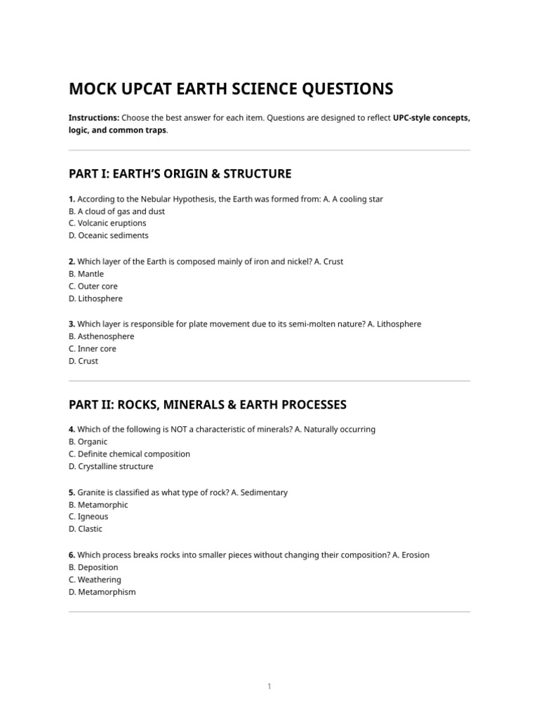Mock Upcat Earth Science Questions | PDF | Plate Tectonics | Earth