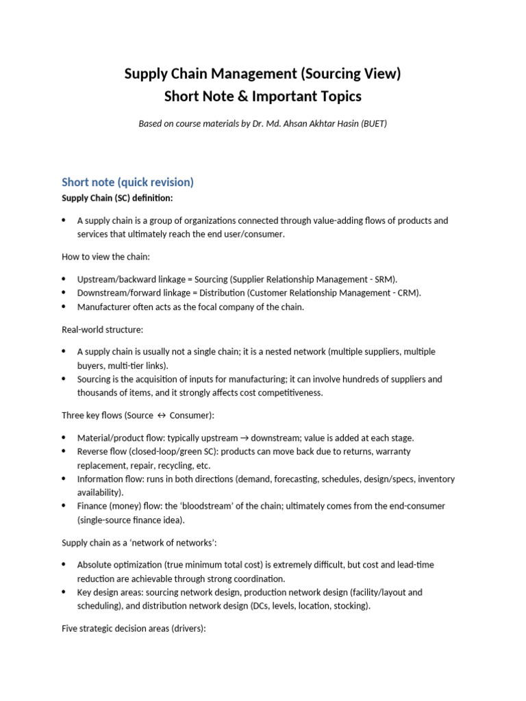 Supply Chain Short Note Important Topics-1 | PDF | Supply Chain | Procurement