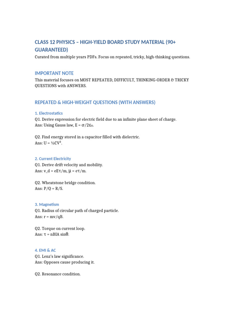 Class 12 Physics 90plus Study Material | PDF
