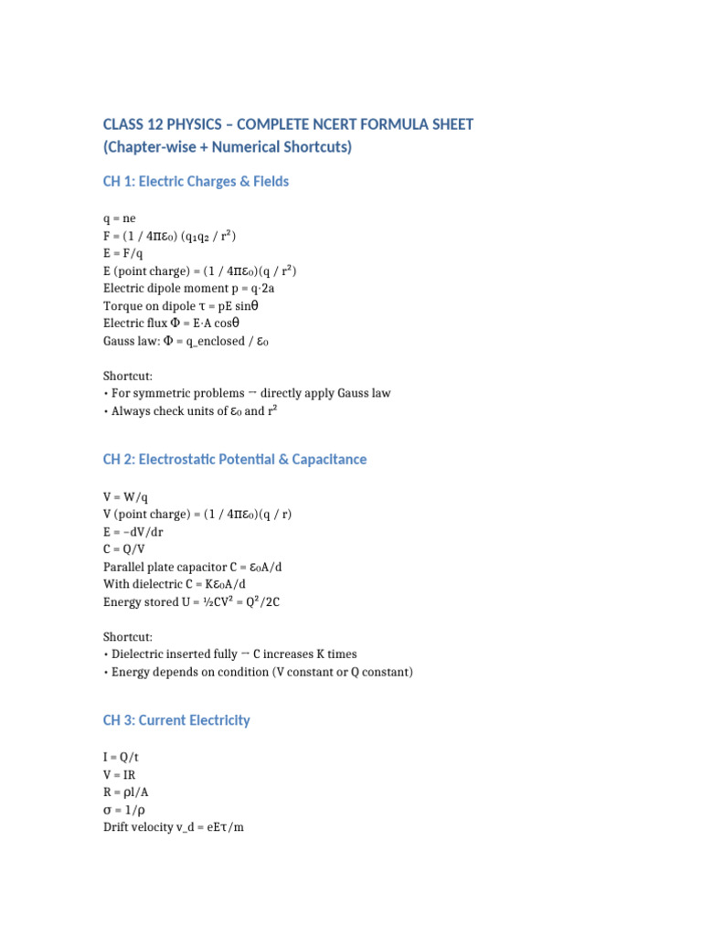 Class 12 Physics NCERT Formula Sheet | PDF