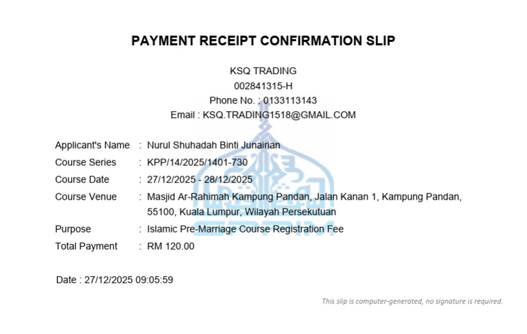 Payment Receipt Confirmation Slip: This Slip Is Computer-Generated, No ...