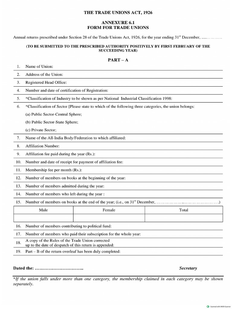 Form - For Submitting The Annual Returns Under The TR - Union - Act-1 | PDF