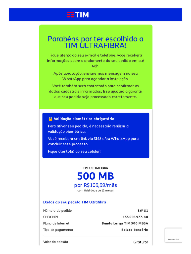 Confirmação de Pedido TIM Ultrafibra 500 MB | PDF