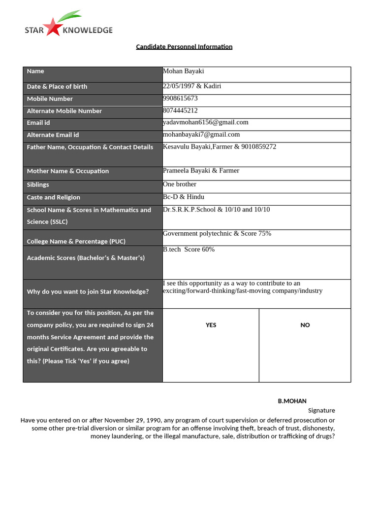 Candidate Personnel Information - Freshers | PDF