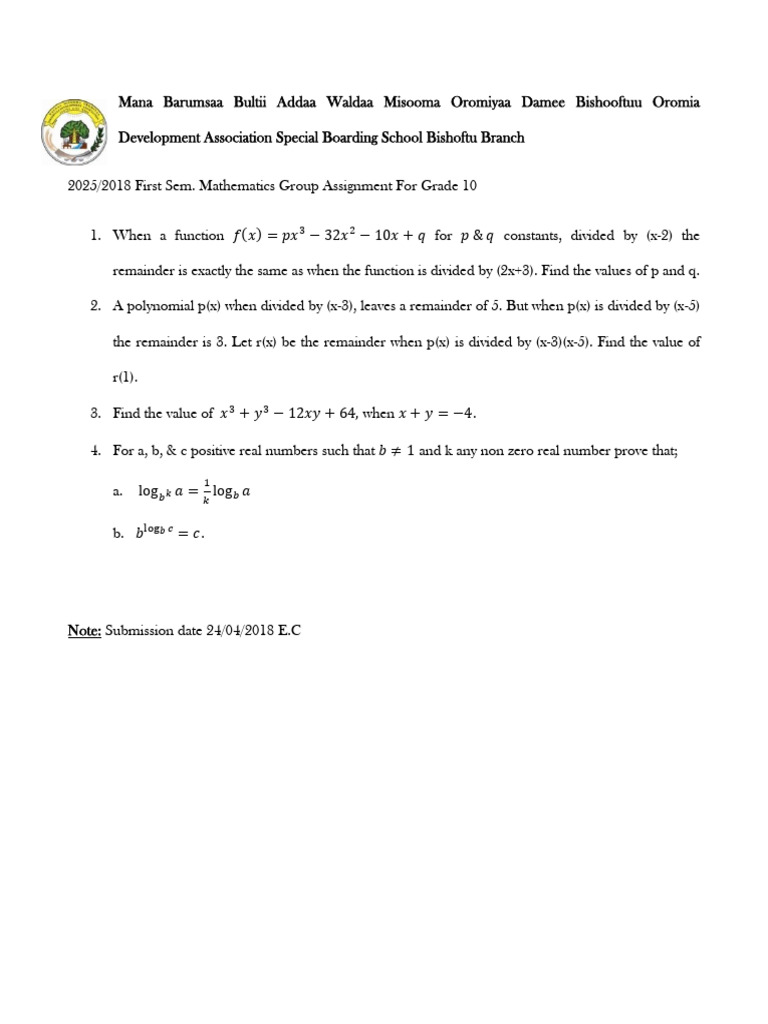 First Sem Grade 10 Mathmatics Assignment in 2018 | PDF