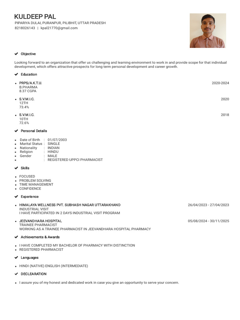 Kuldeep Pal's Pharmacy Resume 2023 | PDF