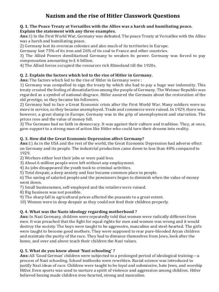 1 Nazism and The Rise of Hitler Classwork Questions | PDF | Nazism ...
