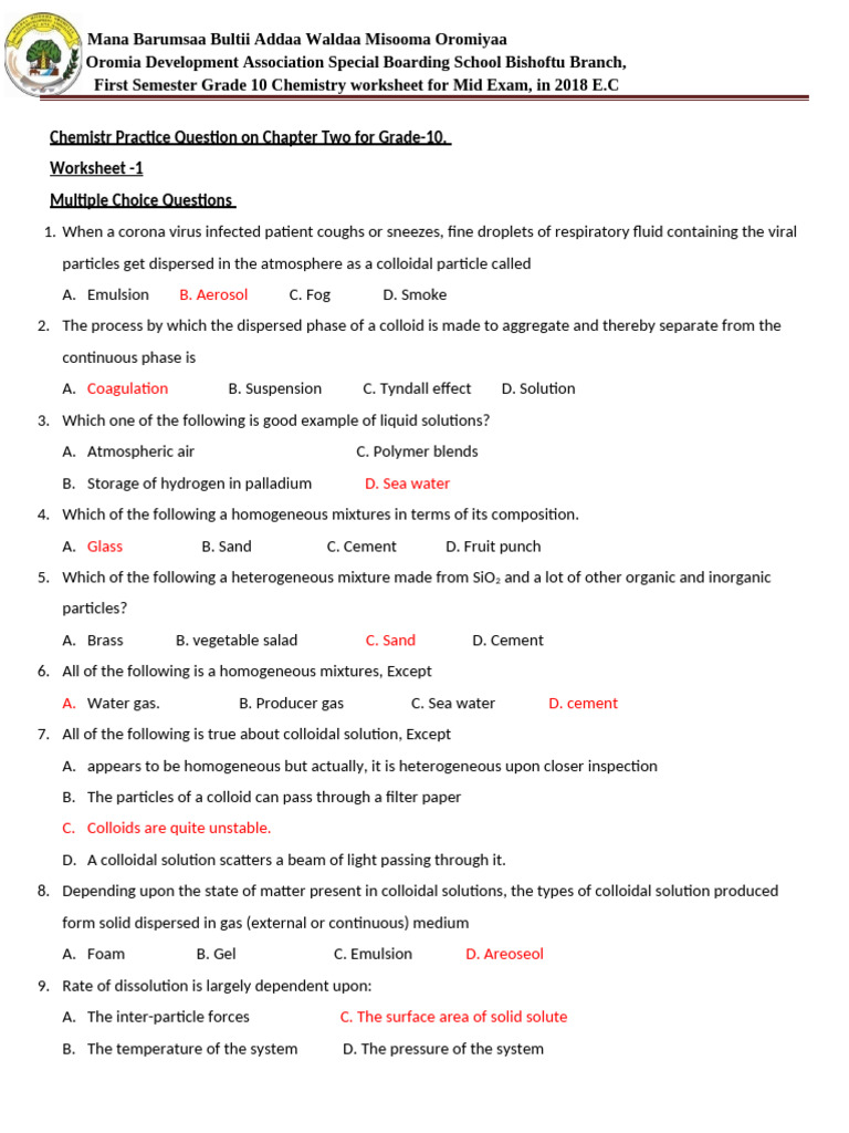 Chemistry Worksheet 1 and 2 For Mid Exam For Grade 10 First Semester ...