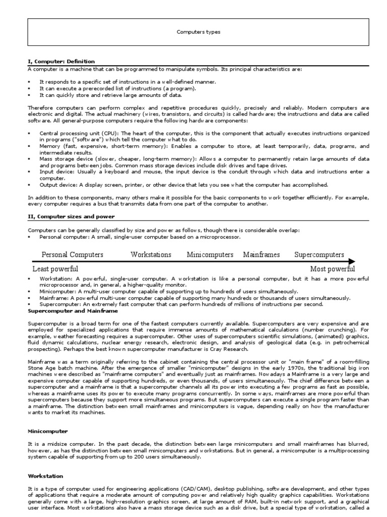 Supercomputers Minicomputers Mainframes Workstations Personal Computers Least Powerful Most ...