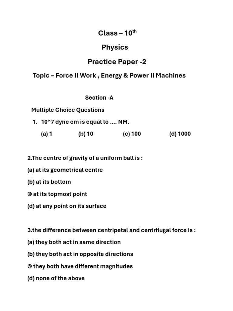 10th Grade Physics Practice Paper: Force & Energy | PDF | Force | Mechanics