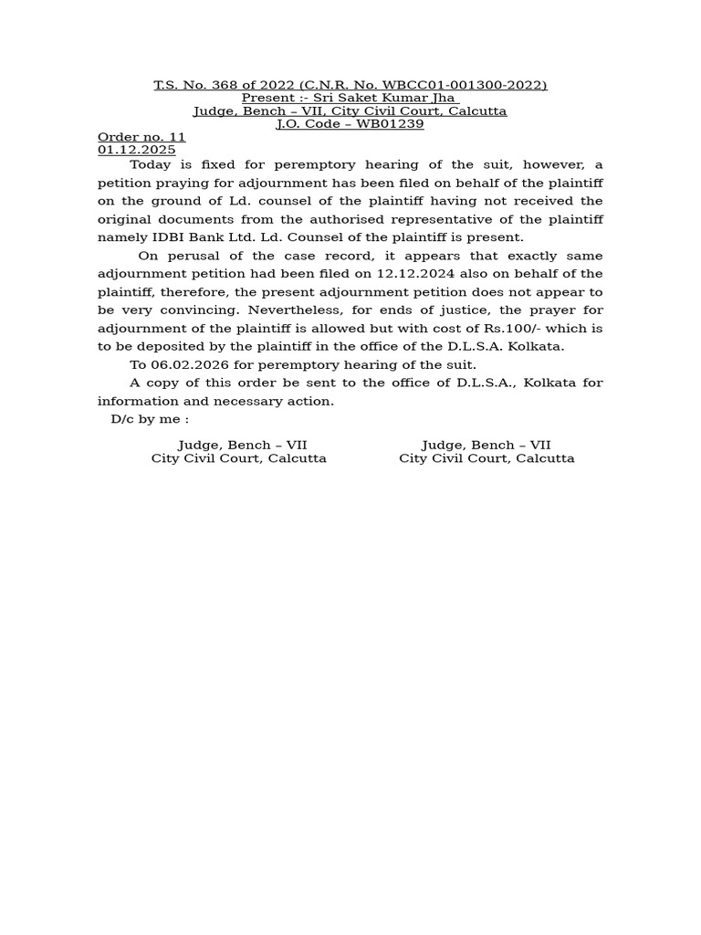 Calcutta Court Order on Adjournment Petition | PDF