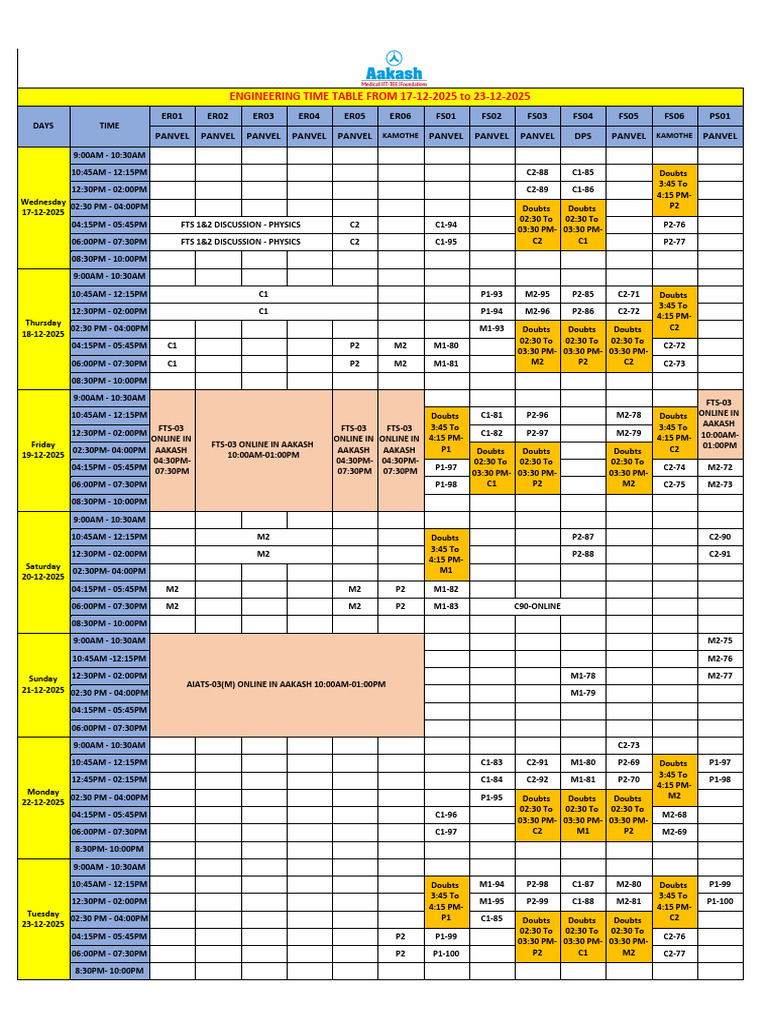 Revised Engineering Time Table -17-Dec to 23-Dec-2025 | PDF