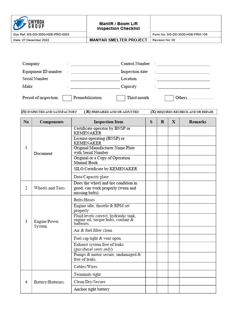 MS DD 3000 HSE FRM 0029 MEWP (Manlift) Inspection Checklist | PDF ...