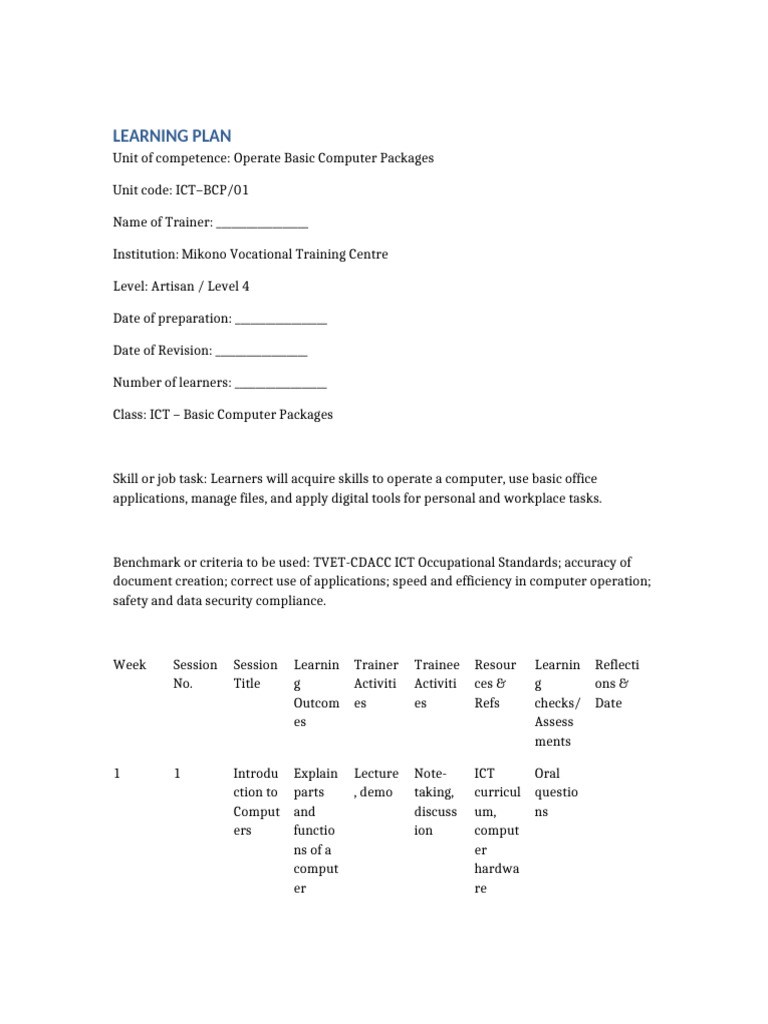 ICT Basic Computer Packages Learning Plan | PDF | Educational ...