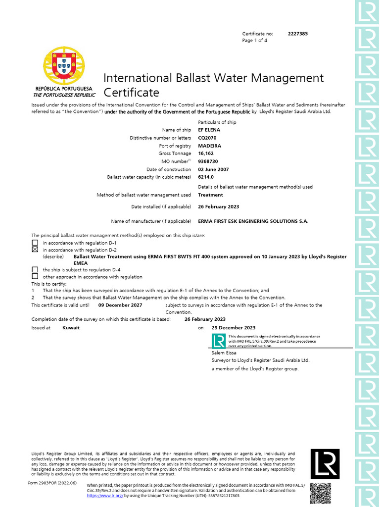 International Ballast Water Management Certificate | PDF
