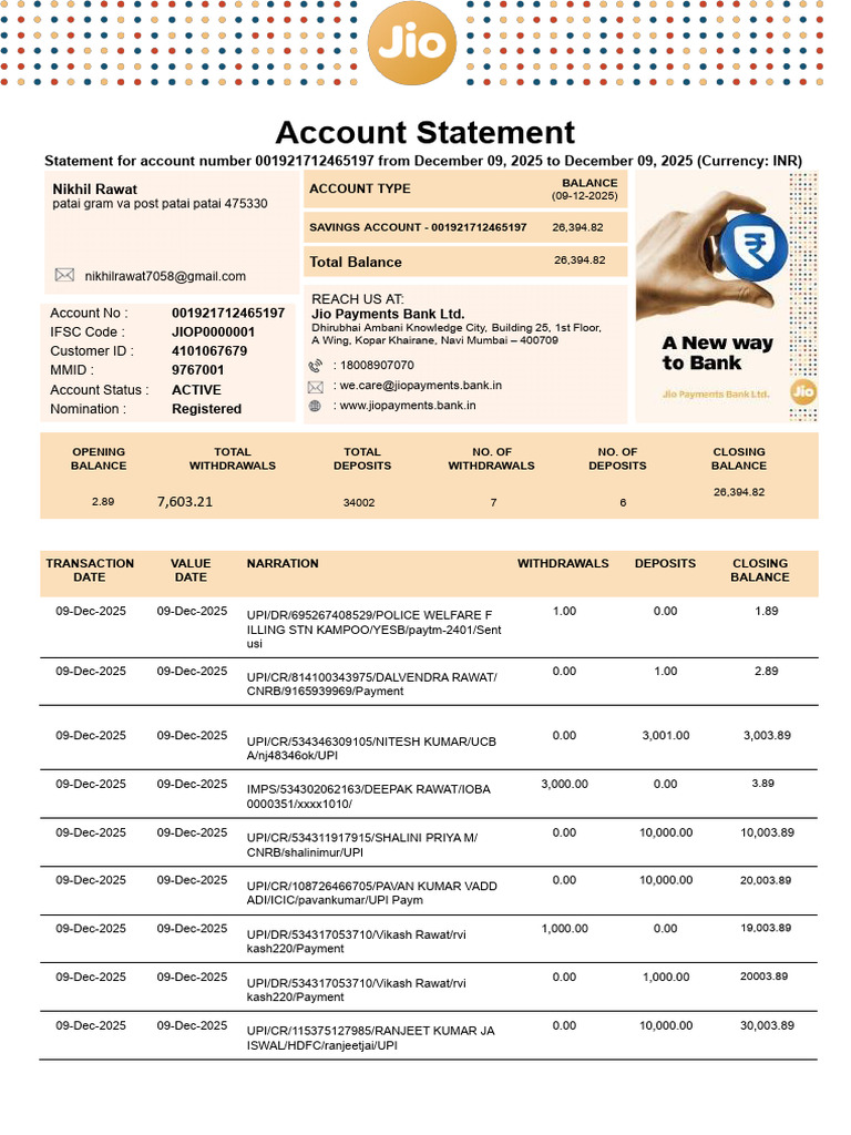 Jio Payments Bank Account Statement | PDF | Financial Technology ...