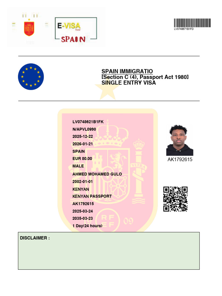 Spain eVisa Single Entry Details | PDF