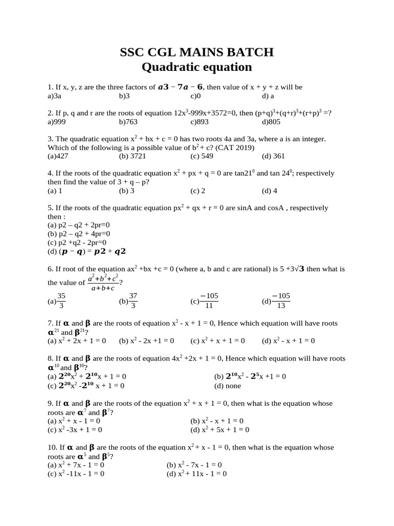 SSC CGL Mains Quadratic Equations Guide | PDF | Number Theory | Equations
