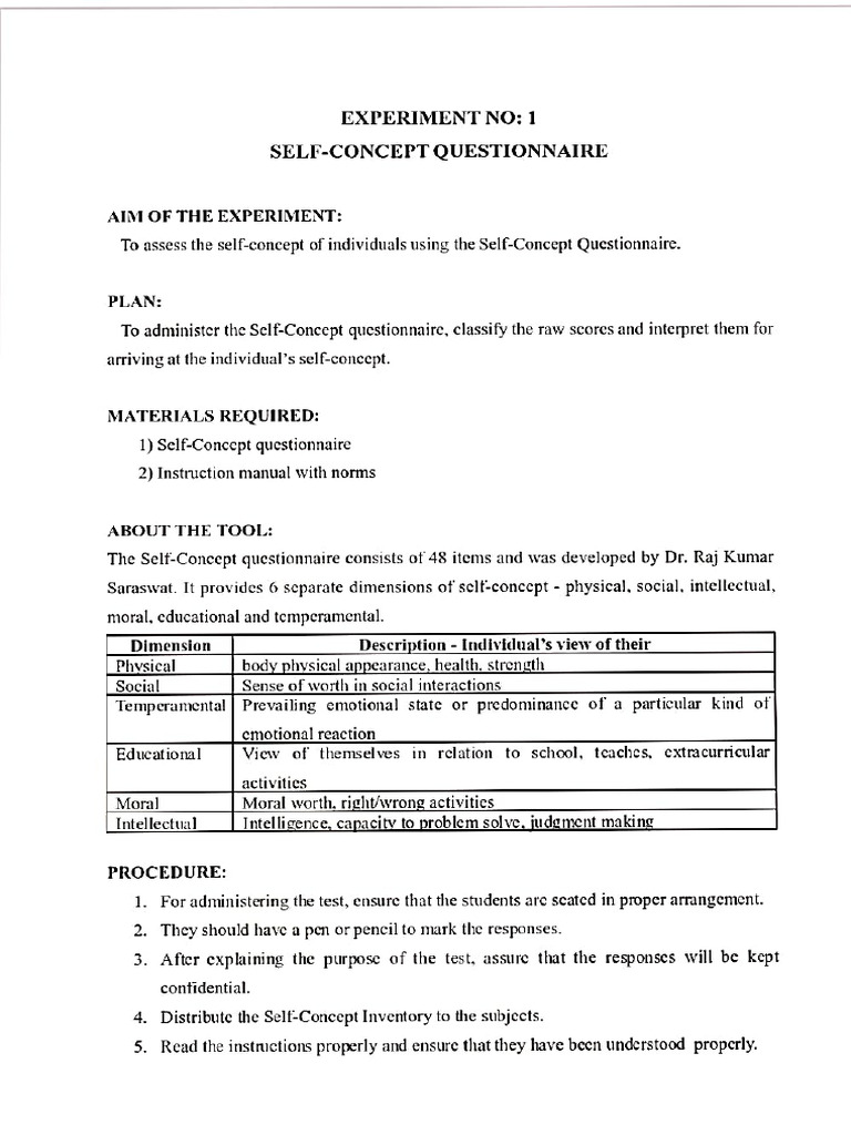 Self Concept Questionnaire | PDF