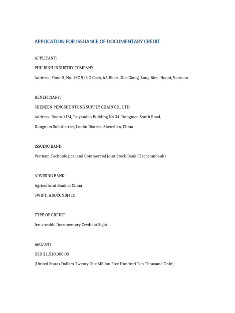 Documentary Credit Application Form | PDF