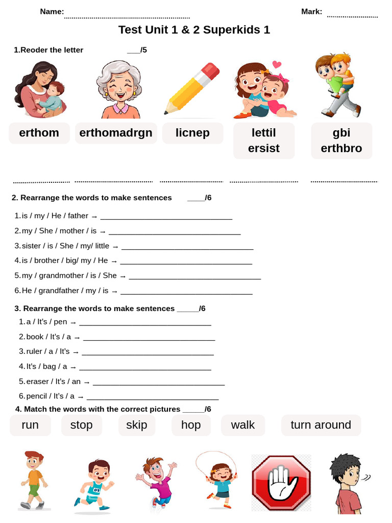 Superkids 1 Test Unit 1 & 2 Guide | PDF