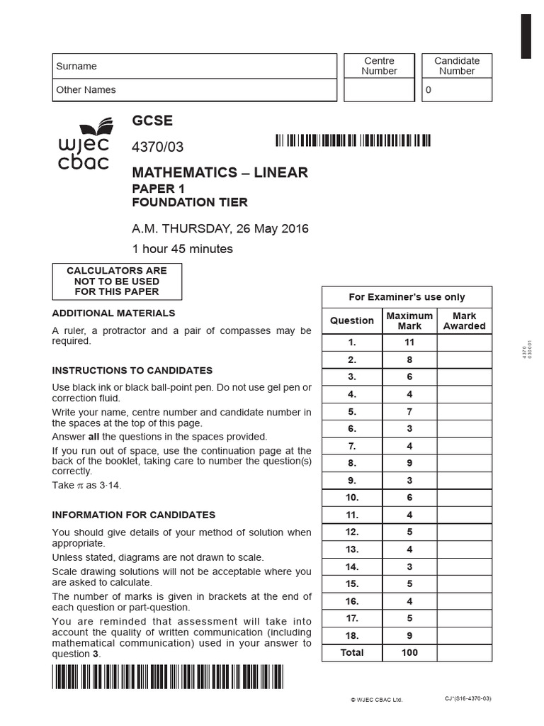 GCSE Mathematics Foundation Paper 1 | PDF | Area