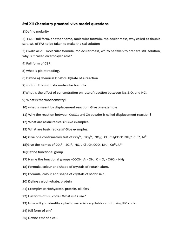 Chemistry Practical Viva Model Questions | PDF
