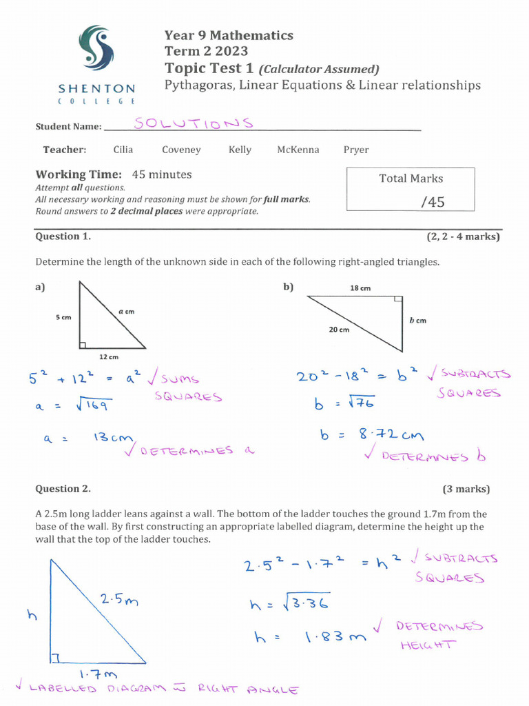 2023 9MAT - Topic Test 1 - Solutions | PDF