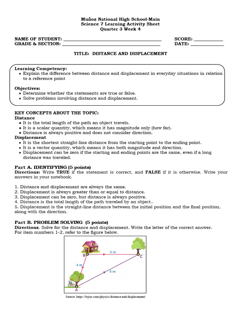 Distance vs Displacement Worksheet | PDF | Distance | Quantity