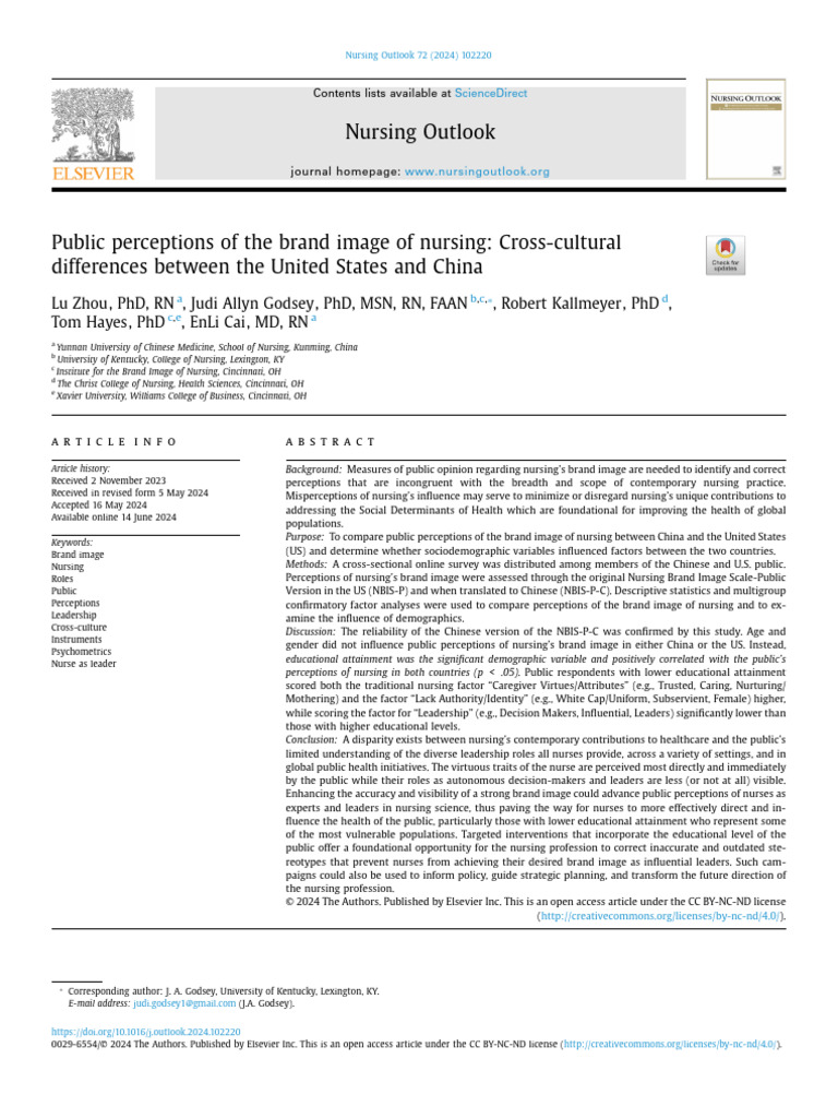 Public perceptions of the brand image of nursing: Cross-cultural ...