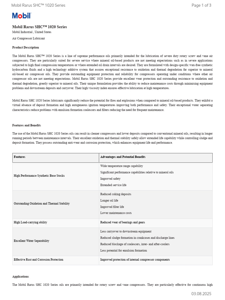 Mobil Rarus SHC 1020 Series Oil Overview | PDF | Lubricant | Mechanical ...