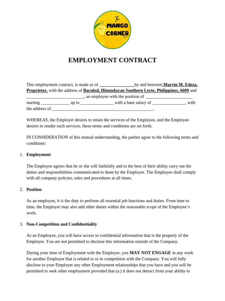Employment Contract Template | PDF | Employment | Business