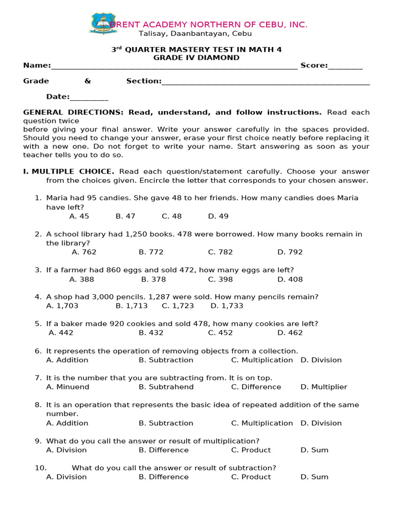 3rd Quarter Mastery Test in Math 4 | PDF | Subtraction | Chess