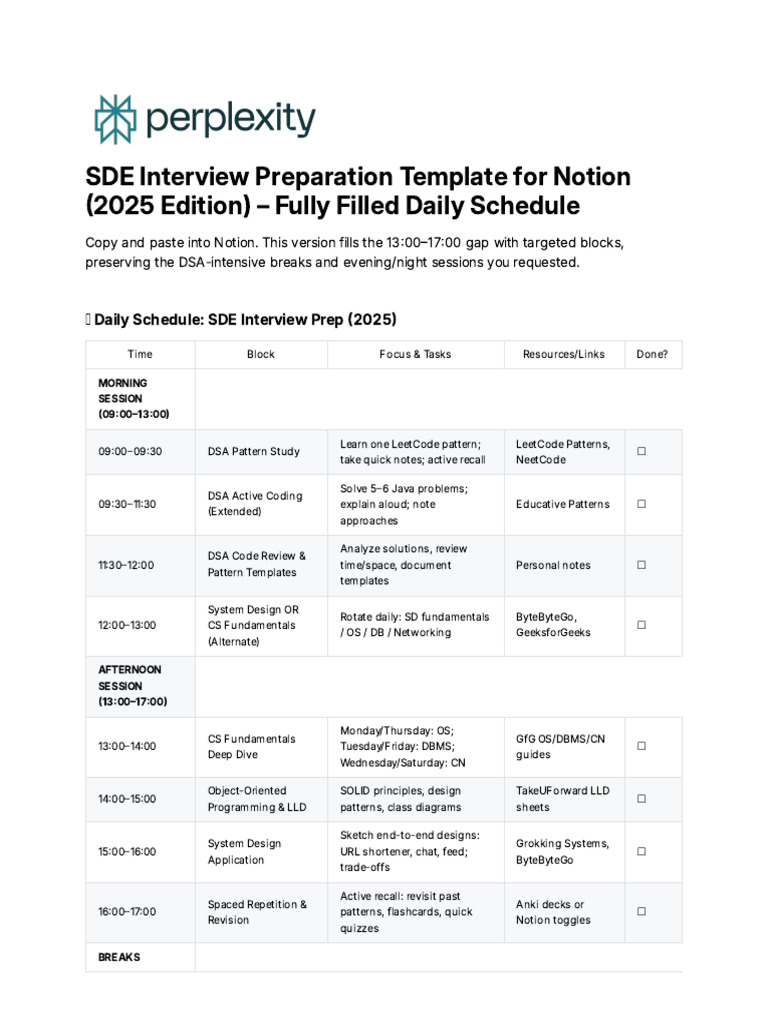 SDE Interview Preparation Template for Notion (202 (1) | PDF