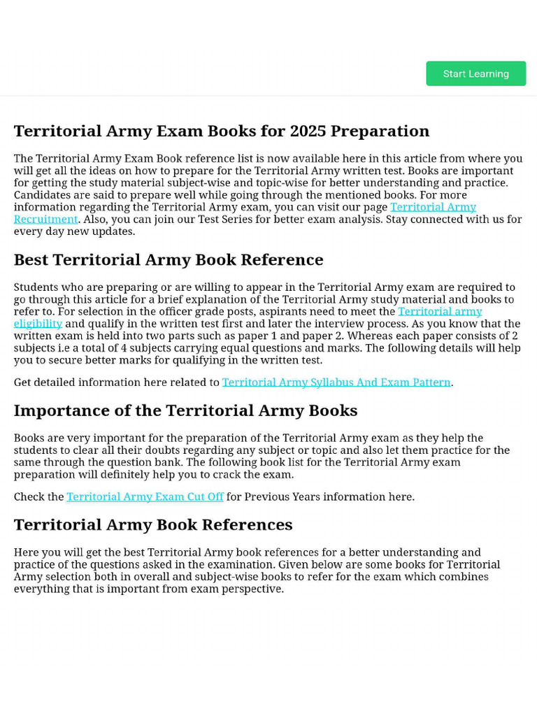 Territorial Army Exam Books For 2025 Preparation | PDF
