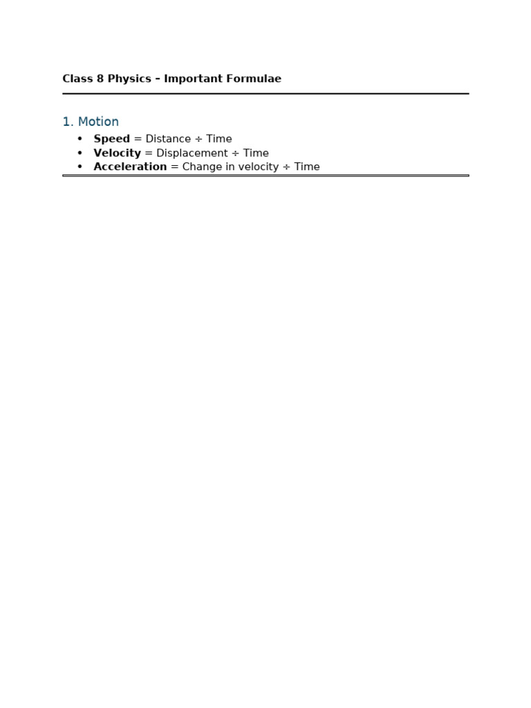Class 8 Physics Key Formulas Guide | PDF