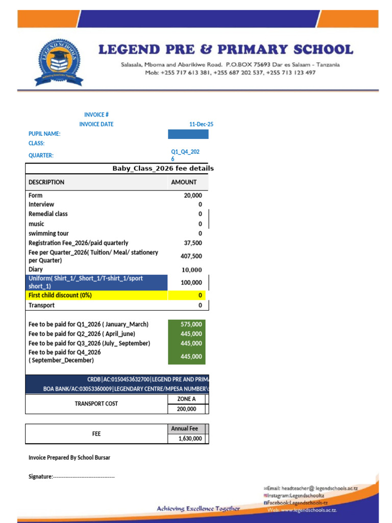 Baby Class 2026 Invoice Legend Schools | PDF