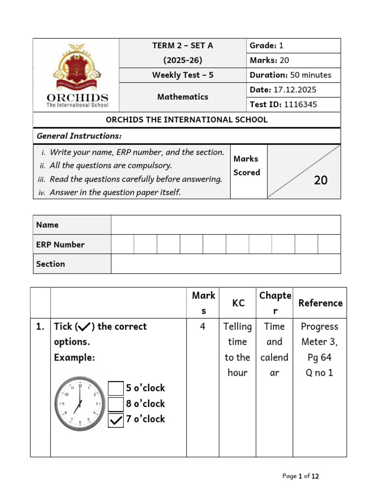 Grade 1 Mathematics Weekly Test | PDF | Chess | Chess Theory