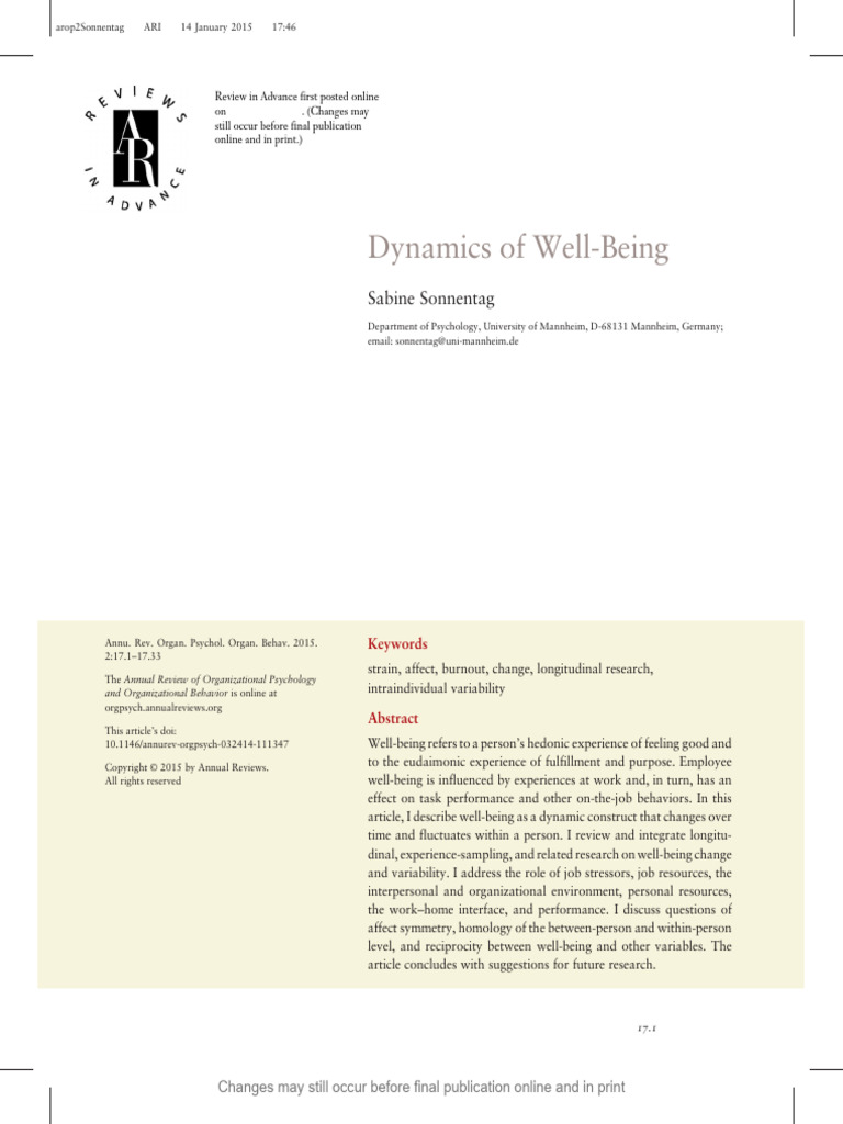 Sonnentag 2015 - Dynamics of Well Being | PDF | Well Being | Affect ...