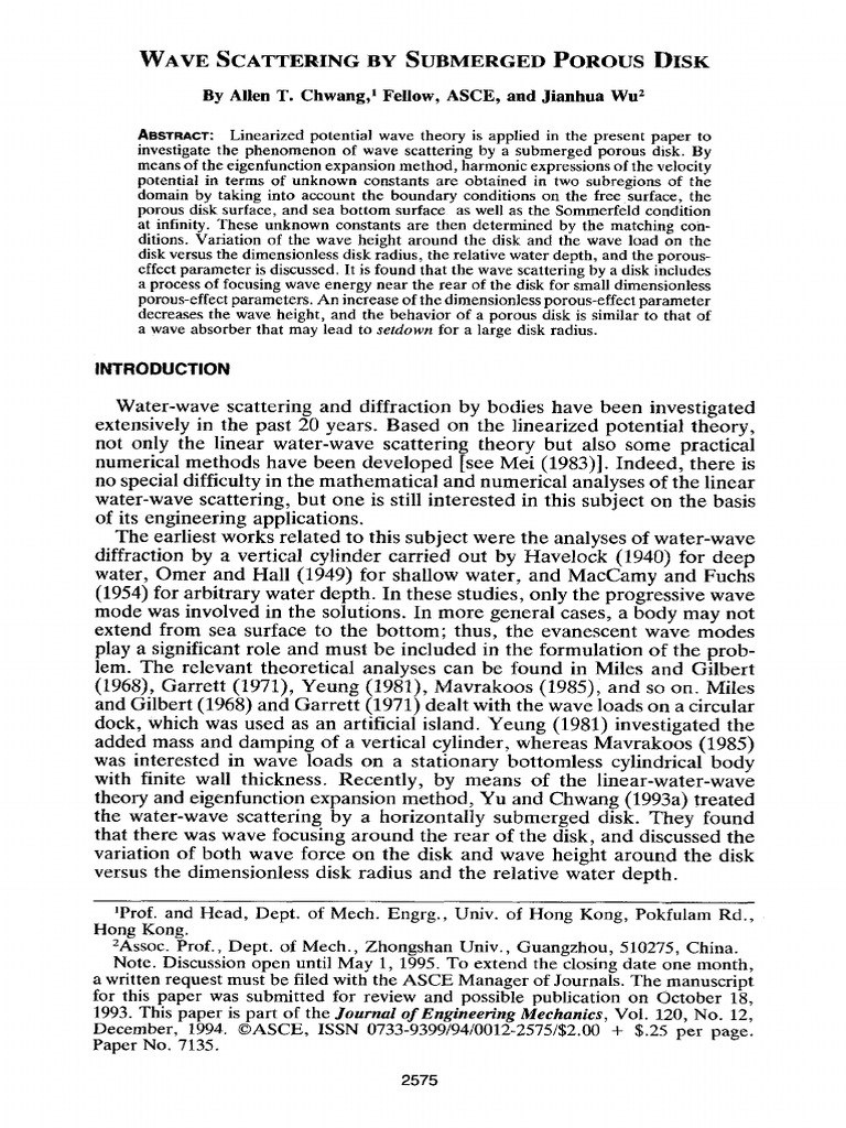 chwang 1994 porous disk | PDF | Waves | Scattering