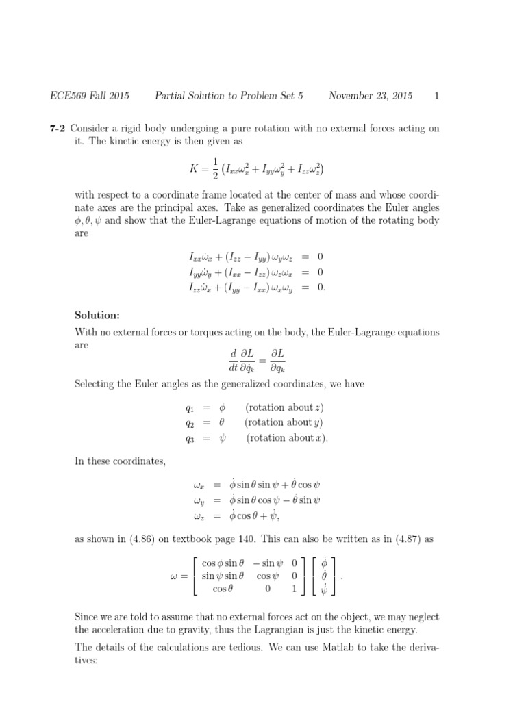 ECE569_hw5soln_f15 | PDF | Rotation | Lagrangian Mechanics